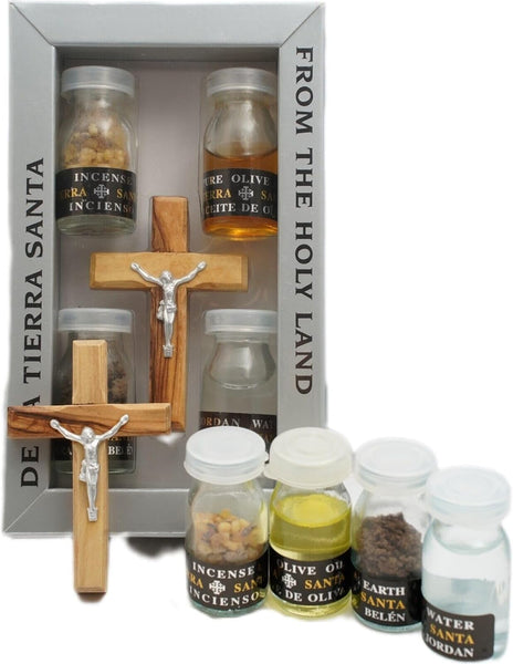 Traditional Small Christian Gift Set w/ Crucifix, Olive Oil, Holy Wate