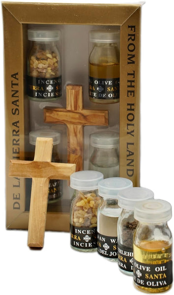Handmade Small Christian Gift Set w/ Cross, Olive Oil, Holy Water, Inc