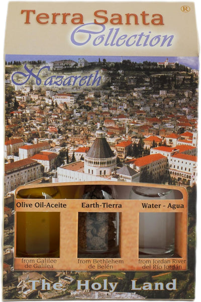 Nazareth Themed Christian Gift Set w/ 3 Bottles - Olive Oil, Holy Wate